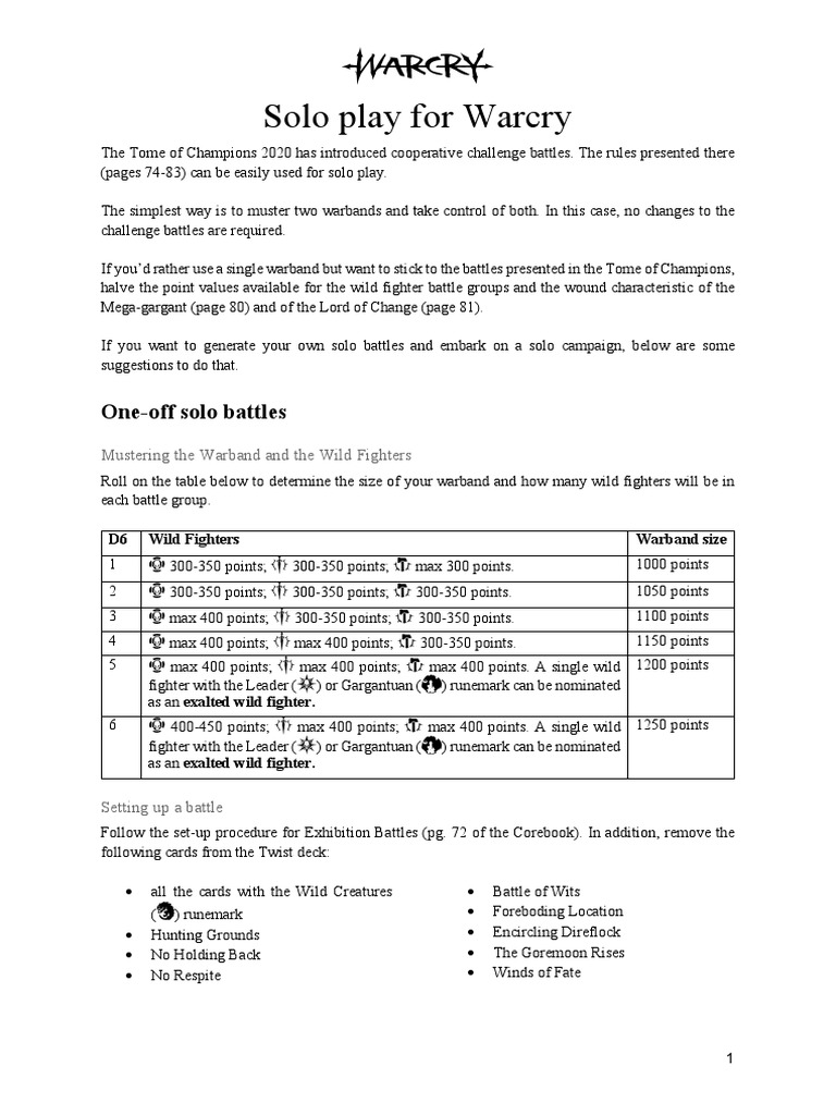 Solo Play For Warcry: One-Off Solo Battles | PDF | Gaming