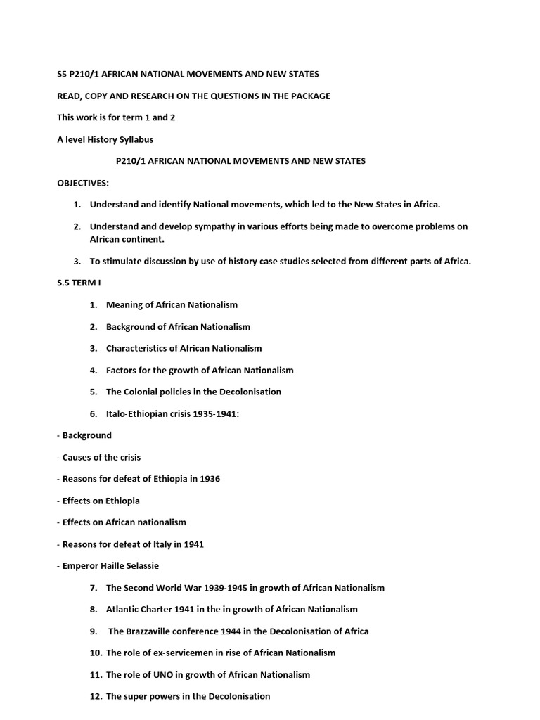 s5 History African Nationalism 2020 | PDF | Essays | Decolonization