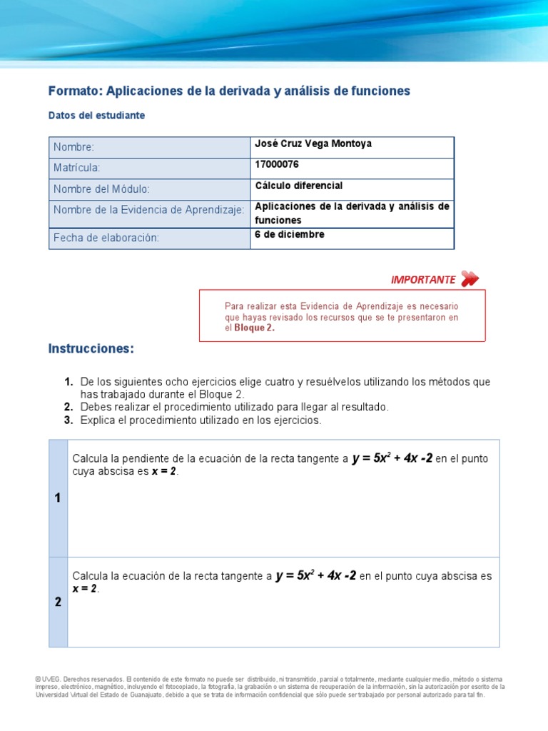 Vega - José - Aplicaciones de La Derivada | PDF | Derivado | Pendiente