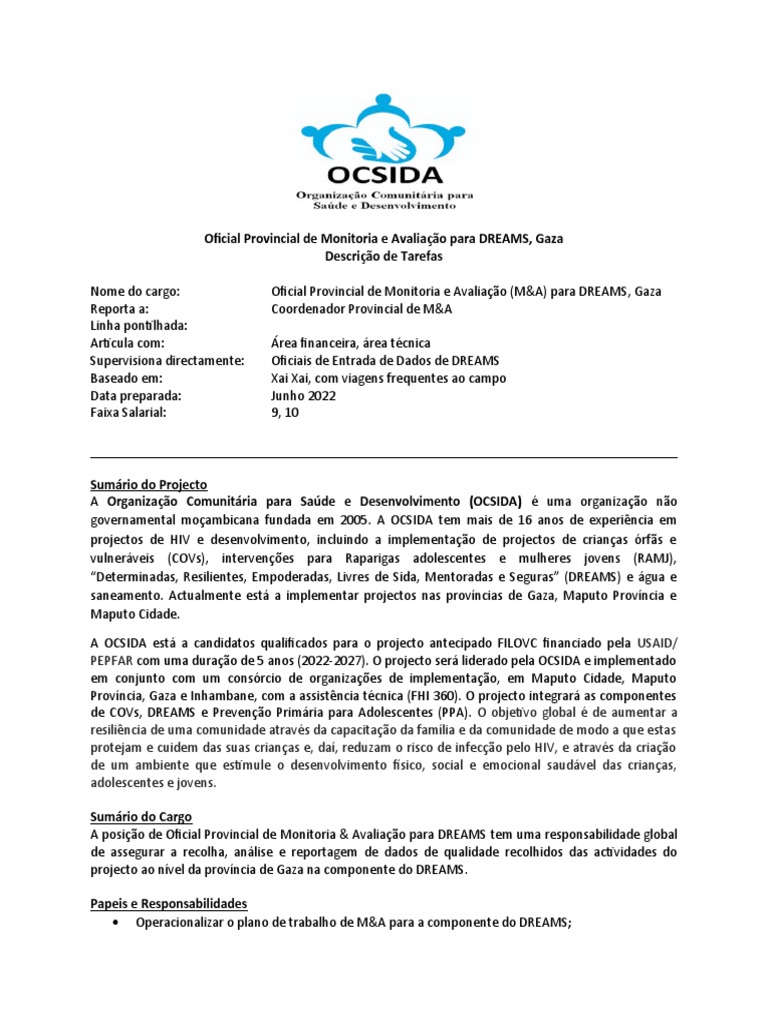Vaga: Oficial de M&A para DREAMS, Gaza | PDF | HIV/AIDS | Moçambique