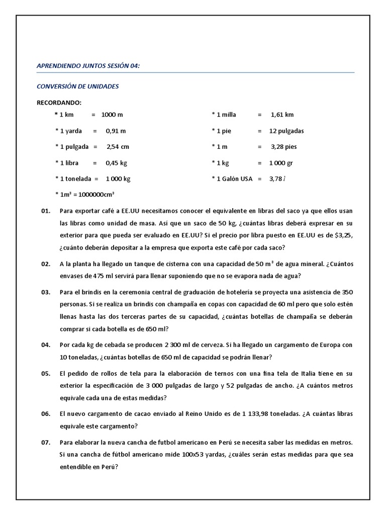 Ejercicios-Conversion de Unidades | PDF | Unidades de medida