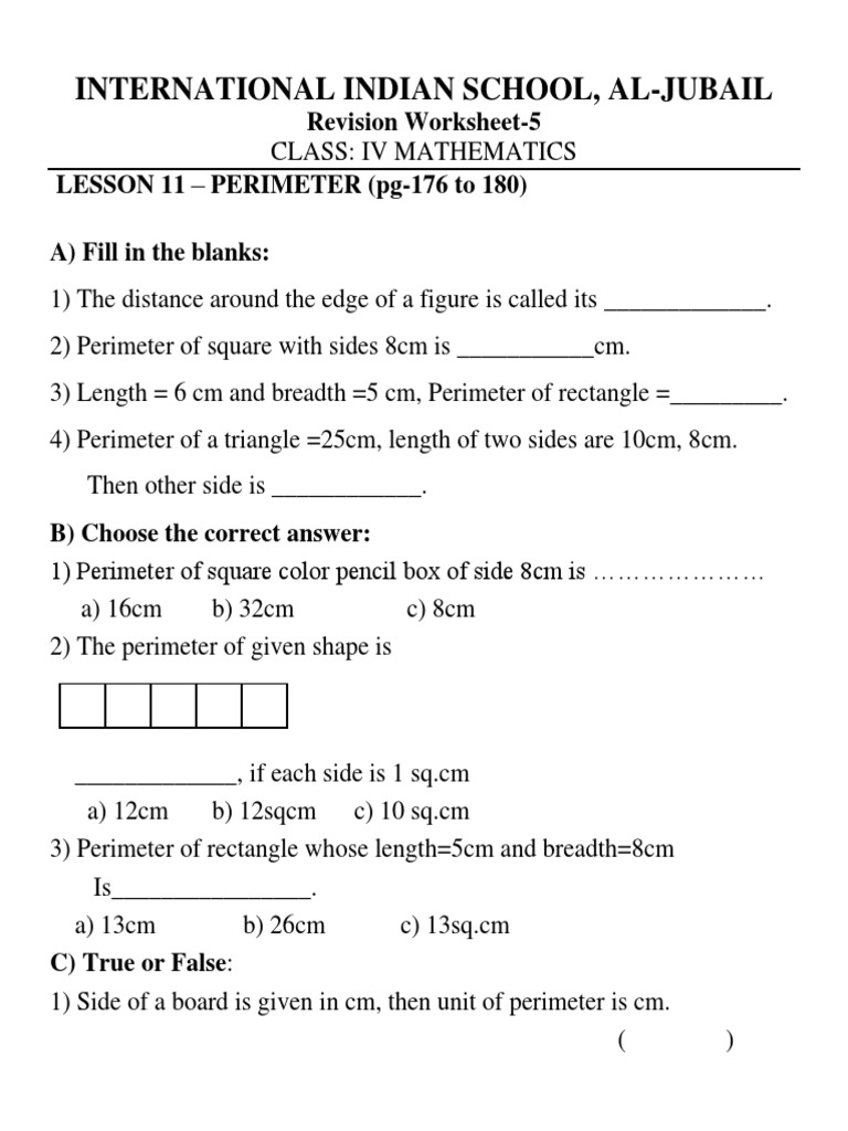 Worksheet-5 Perimeter Class 4 | PDF