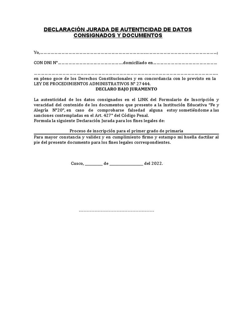 Declaración Jurada de Autenticidad de Datos Consignados y | PDF