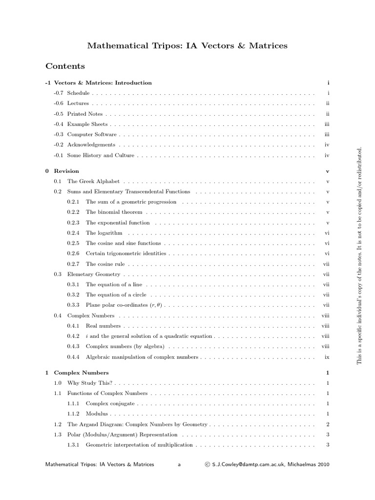 Mathematical Tripos: Vectors & Matrices | PDF | Eigenvalues And ...