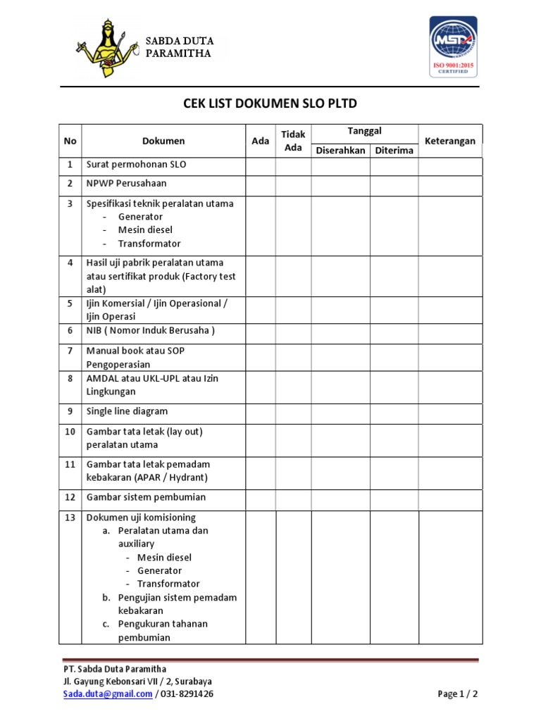 Cek List Dokumen SLO PLTD 2020 | PDF