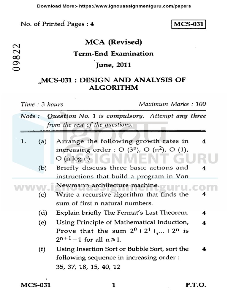 MCS 031 Previous Year Question Papers by Ignouassignmentguru | PDF | Time Complexity | Dynamic ...