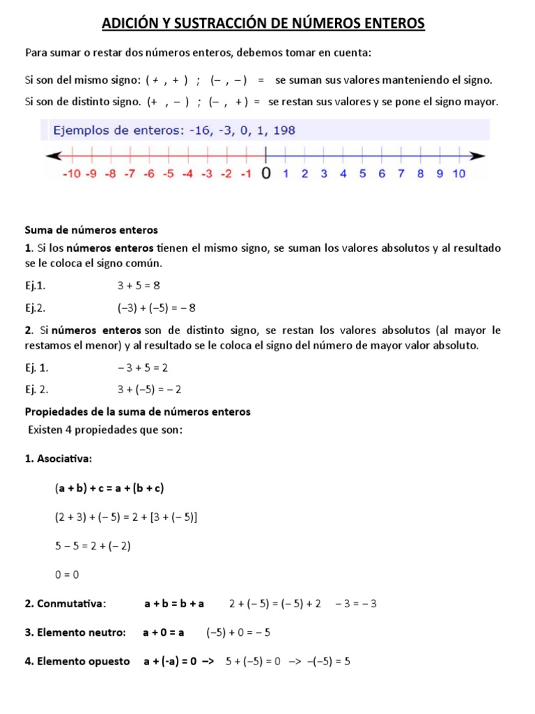 Suma y Resta de Números Enteros | PDF | Entero | Sustracción