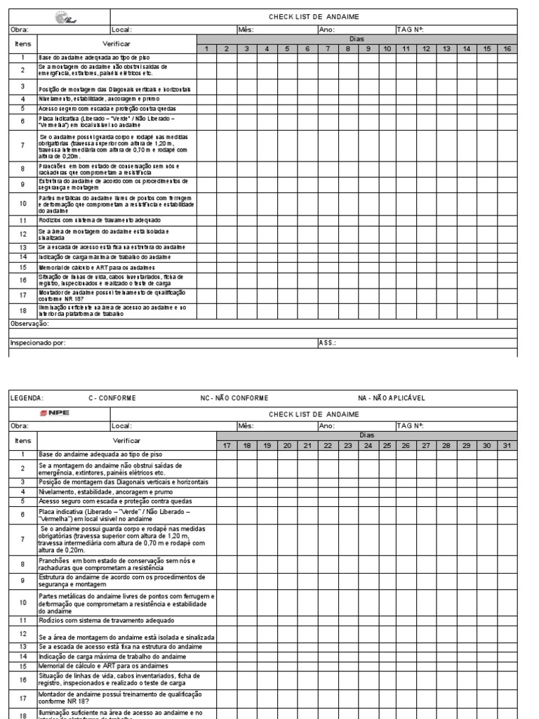 Checklist de Segurança para Andaimes | PDF | Andaime