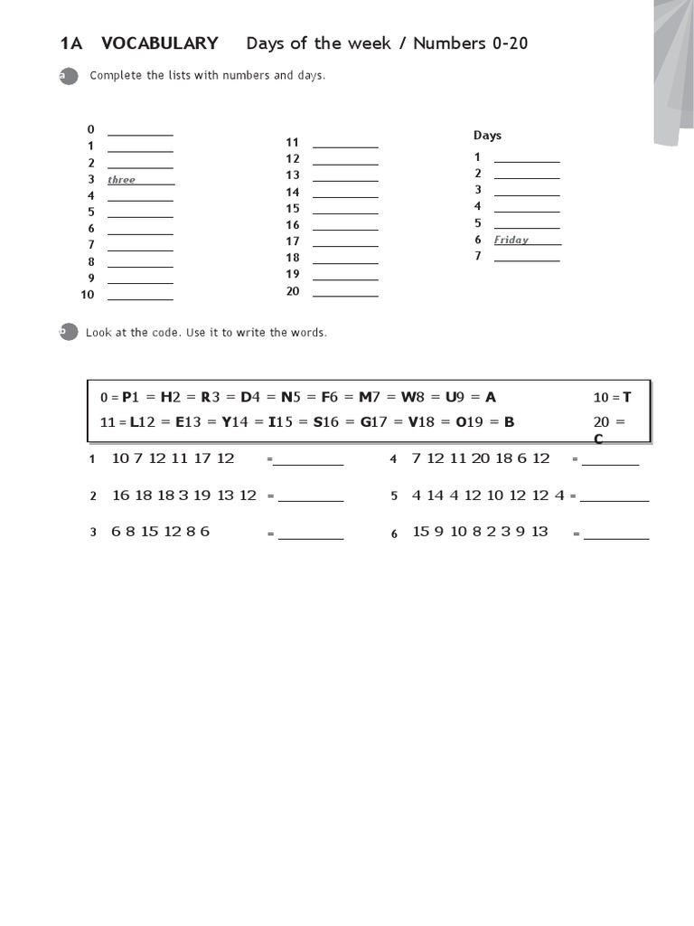 Days of the Week & Numbers 0-20 | PDF