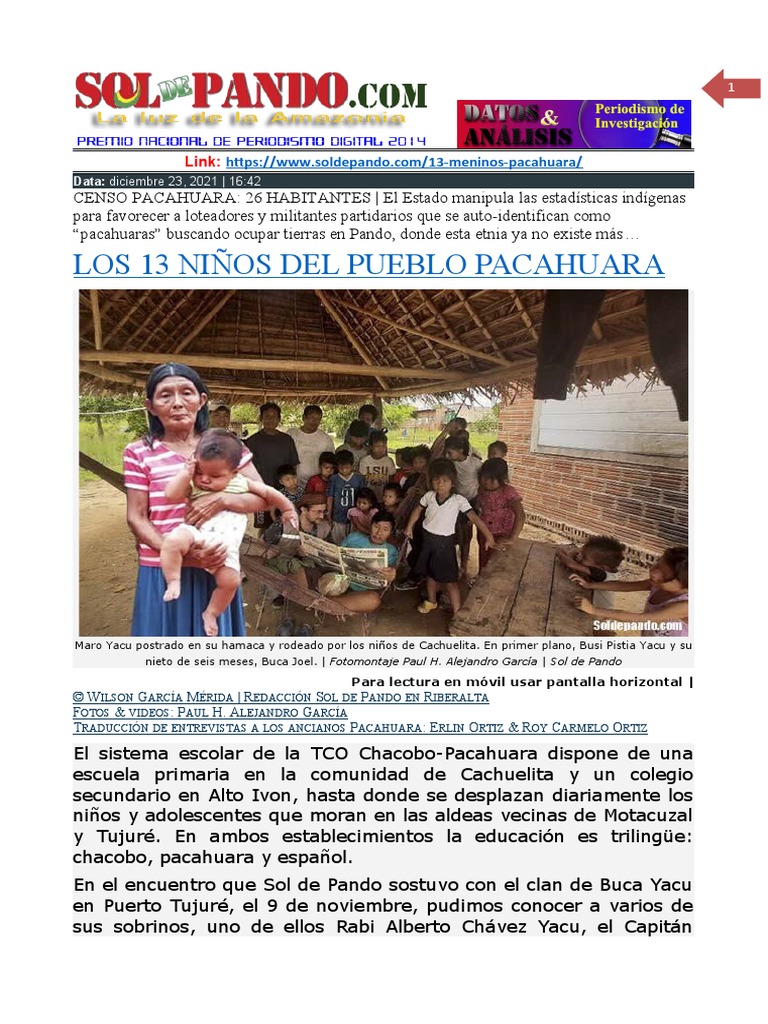 Los 13 Niños Del Pueblo Pacahuara | PDF | Gente indígena | Pueblos ...