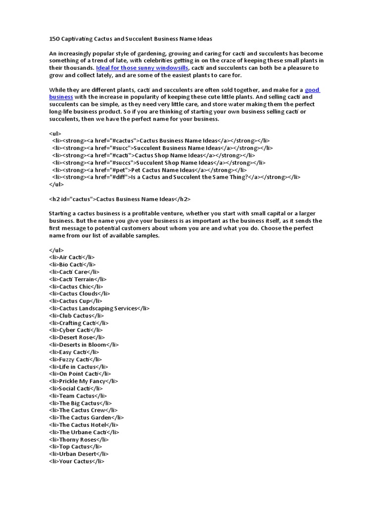 150 Captivating Cactus and Succulent Business Name Ideas | PDF ...