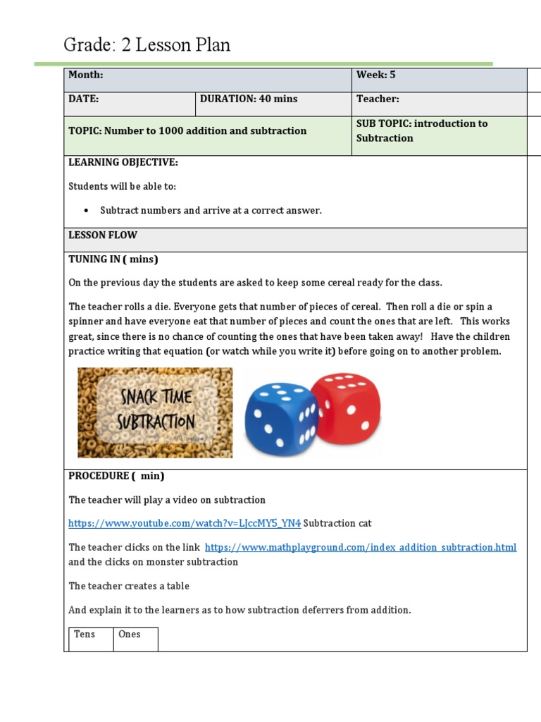 Gr2 Math Lesson Plan | PDF | Lesson Plan | Subtraction