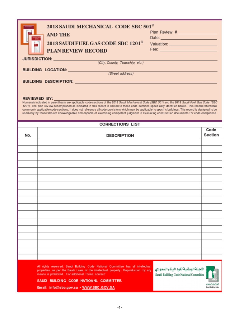 2018 Saudi Mechanical Code SBC 501 and The 2018 Saudi Fuel Gas Code SBC 1201 Plan Review Record ...