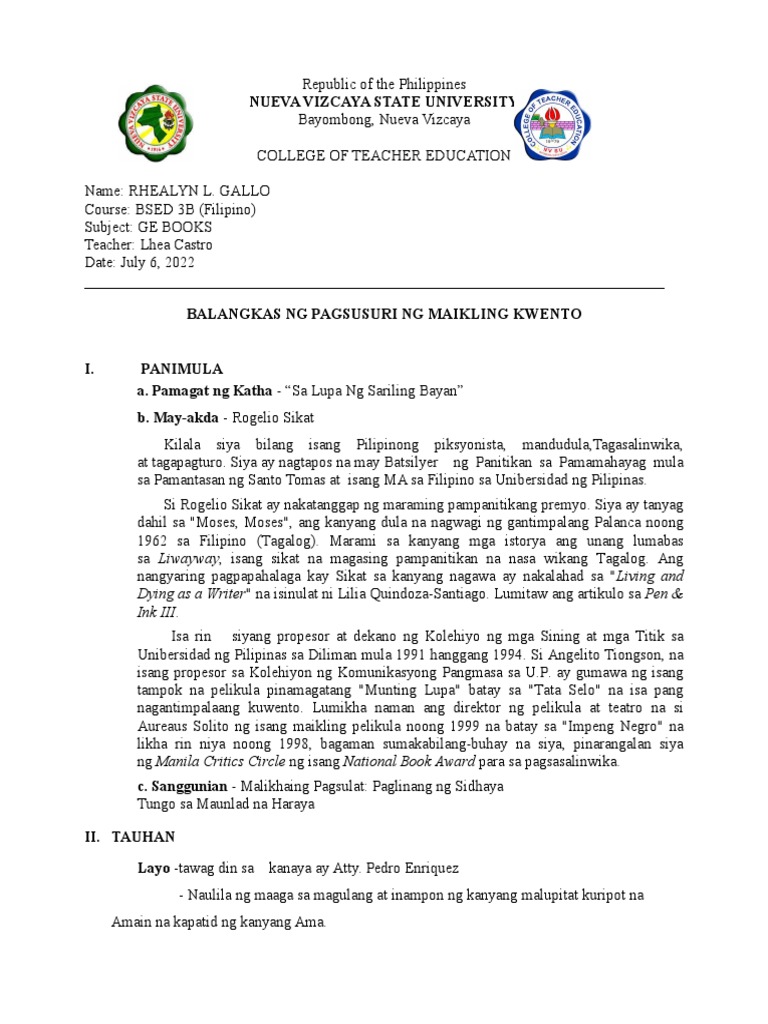 Balangkas NG Pagsusuri NG Maikling Kwent | PDF