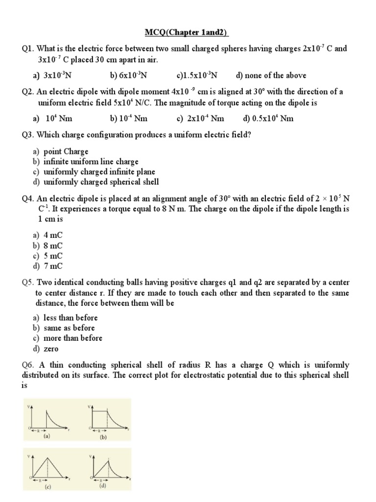 Multiple Choice Questions on Electric Charges and Fields from Chapters ...
