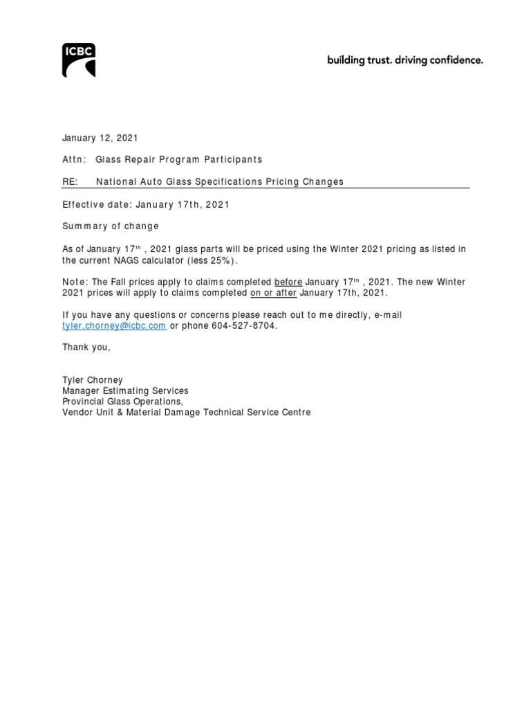 National Auto Glass Specifications Pricing Changes | PDF