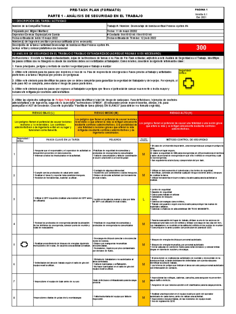 Pre Task Plan Ok - Version 6.1 | PDF | Riesgo