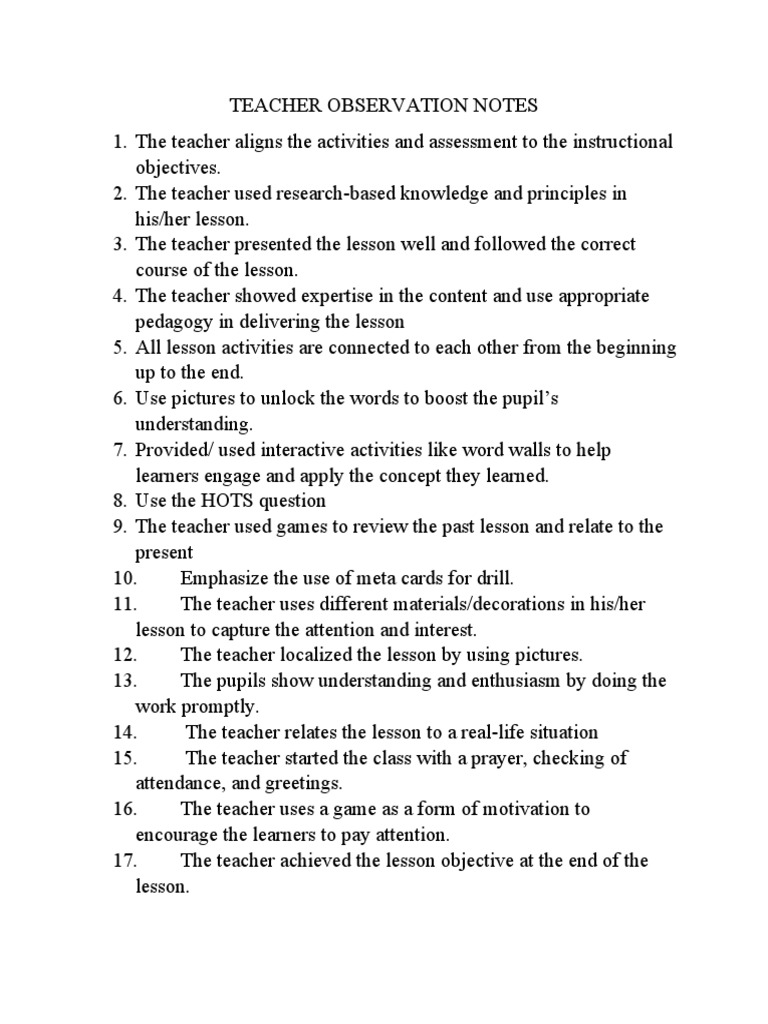 Teacher Observation Notes | PDF | Teachers | Learning