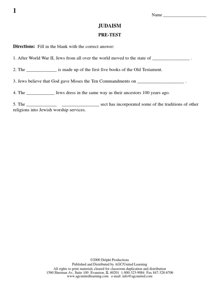 Judaism: Pre-Test Directions: Fill in The Blank With The Correct Answer ...