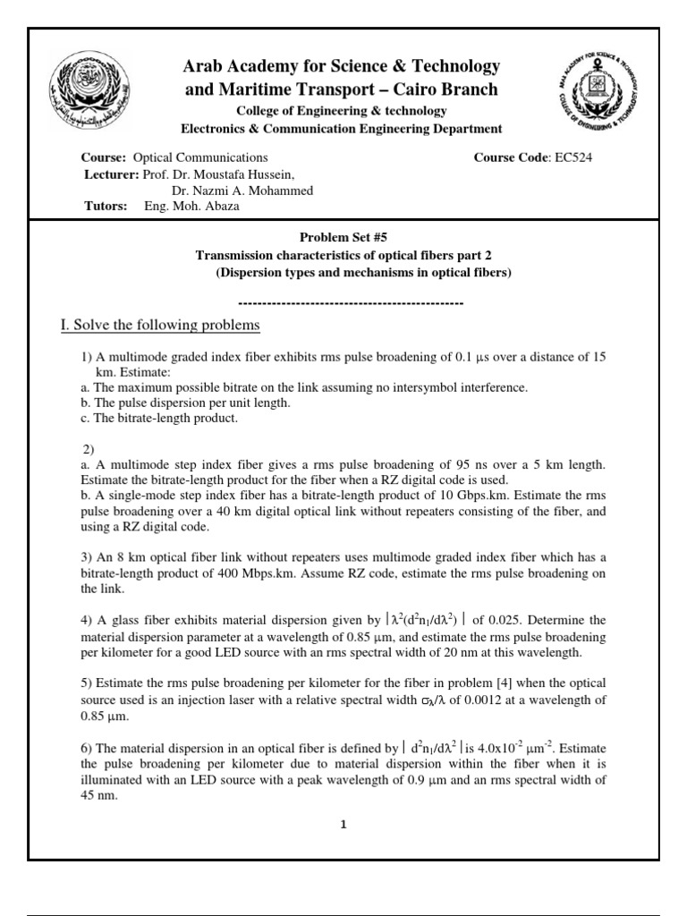 Sheet 5 | PDF | Dispersion (Optics) | Optical Fiber
