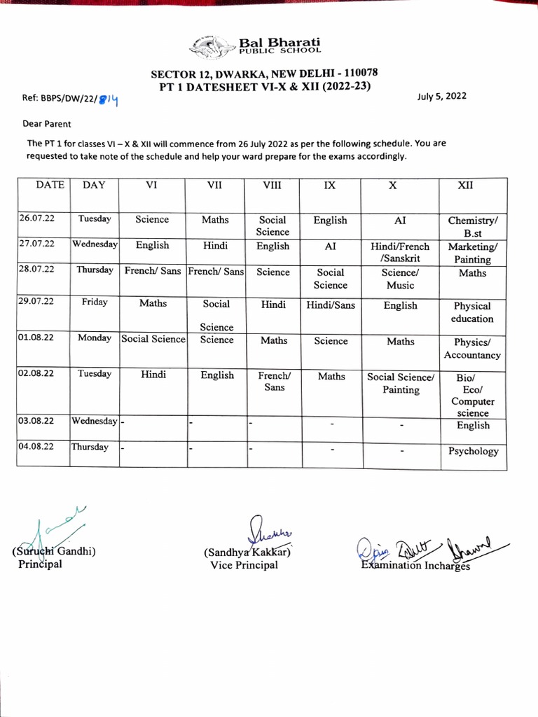 BBPS Dwarka PT 1 Date Sheet 2022-23 | PDF | Science