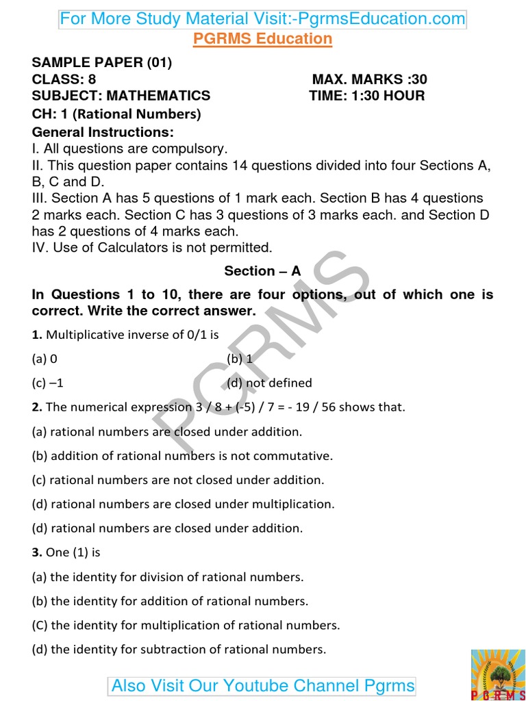 Rational Numbers Sample Paper Class 8 Maths | PDF | Multiplication ...