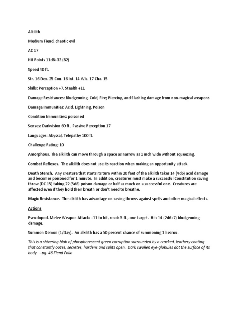 Alkilith and Demon Stat Blocks 5E | PDF