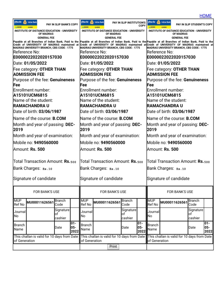 Indian Bank - Print Challan | PDF | Payments | Financial Services