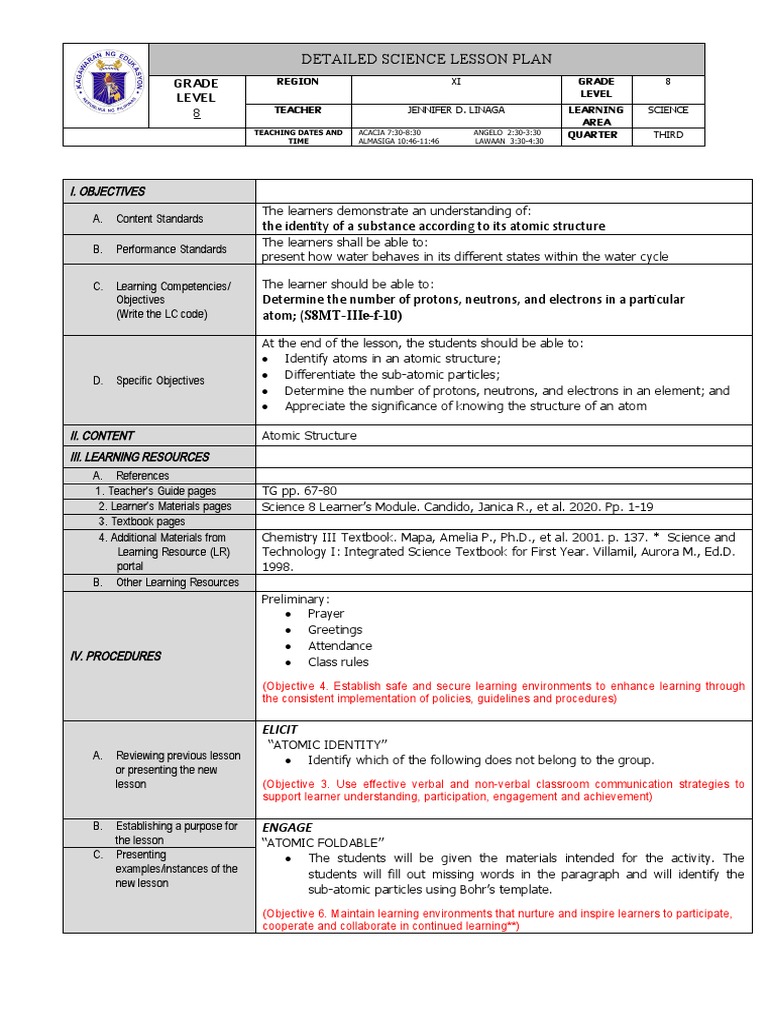 Detailed Science Lesson Plan: The Identity of A Substance According To ...