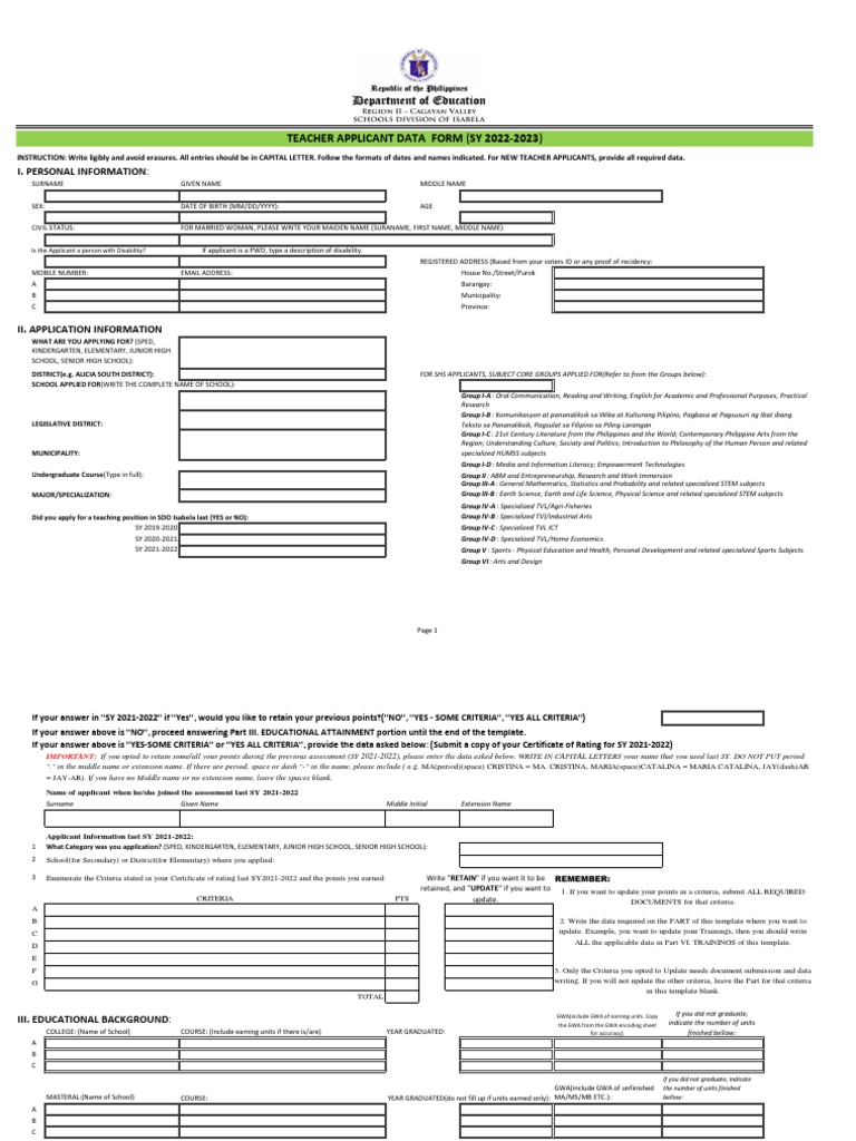 Teacher Applicant Data Form 2022-2023 | PDF | Teachers | Doctorate