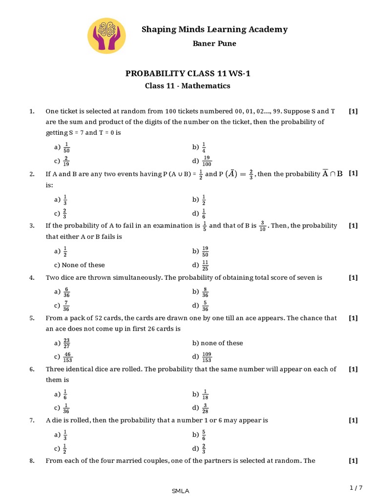 Probability Class 11th WS-1 | PDF | Probability | Probability And ...