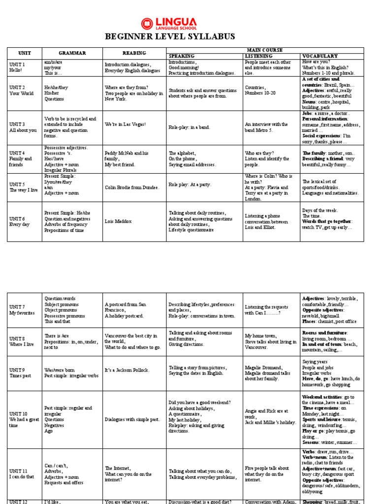 Beginner Syllabus | PDF | English Language | Adjective