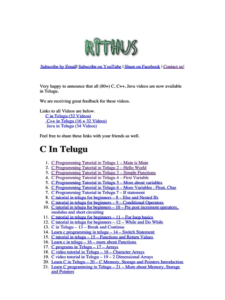 Learn C C Java In Telugu Rithus Pdf C Class Computer Programming