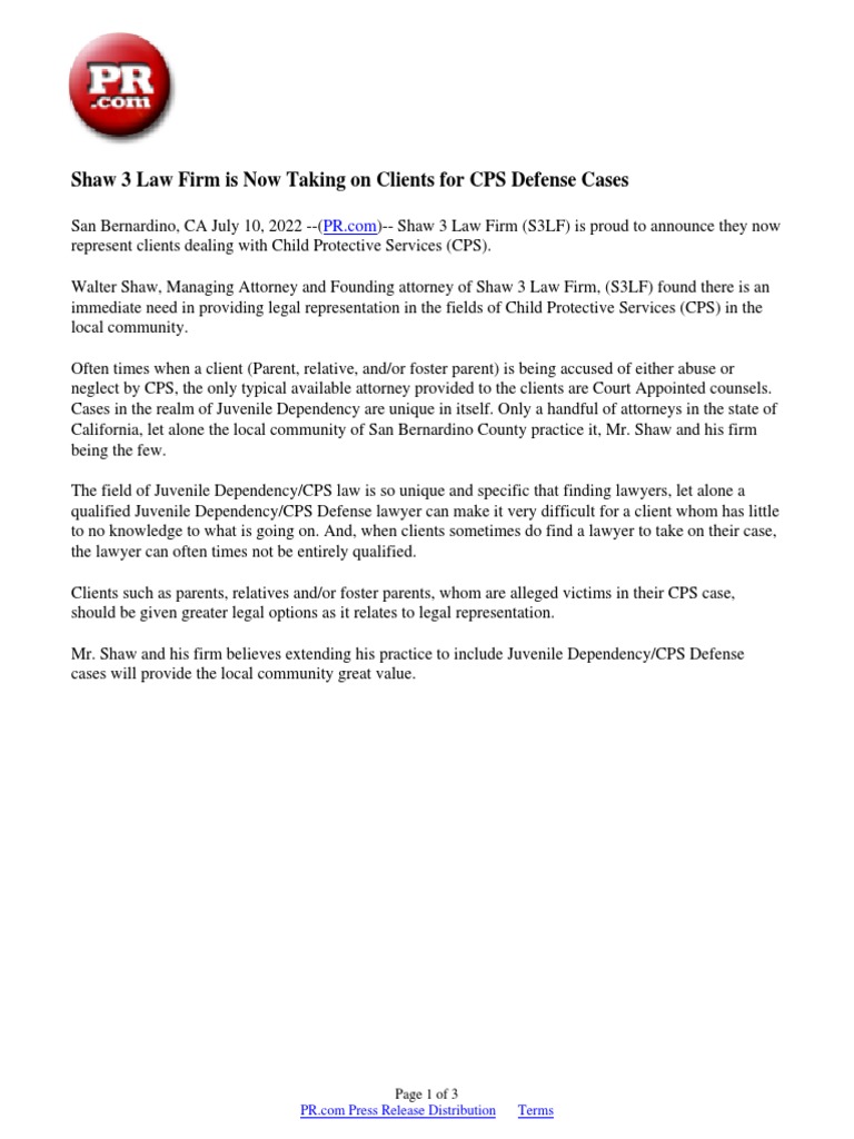 Shaw 3 Law Firm Is Now Taking On Clients For CPS Defense Cases | PDF ...