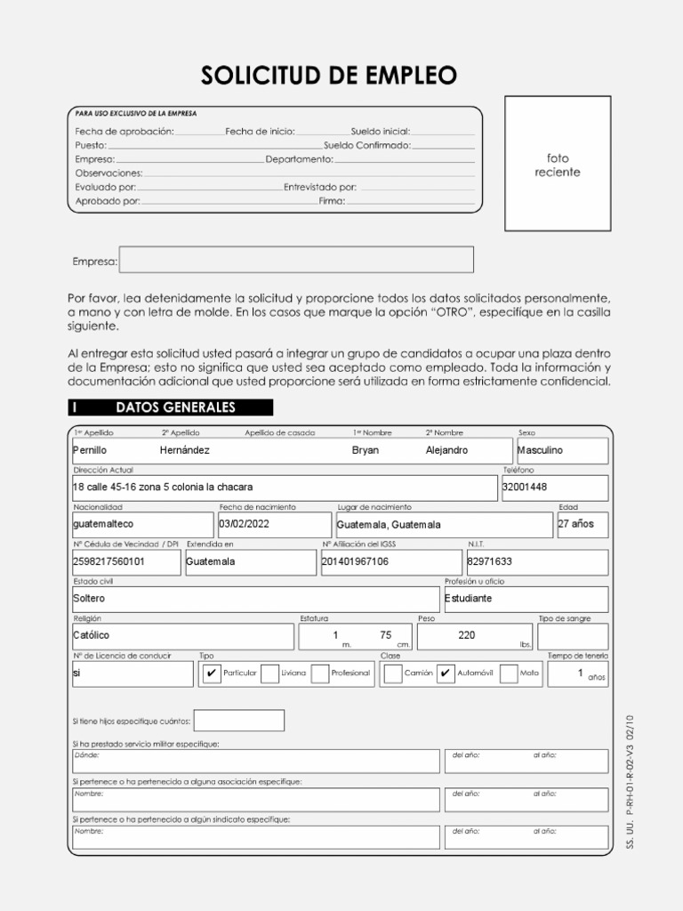 Solicitud Empleo Bryan Pernillo | PDF | Guatemala | Microsoft