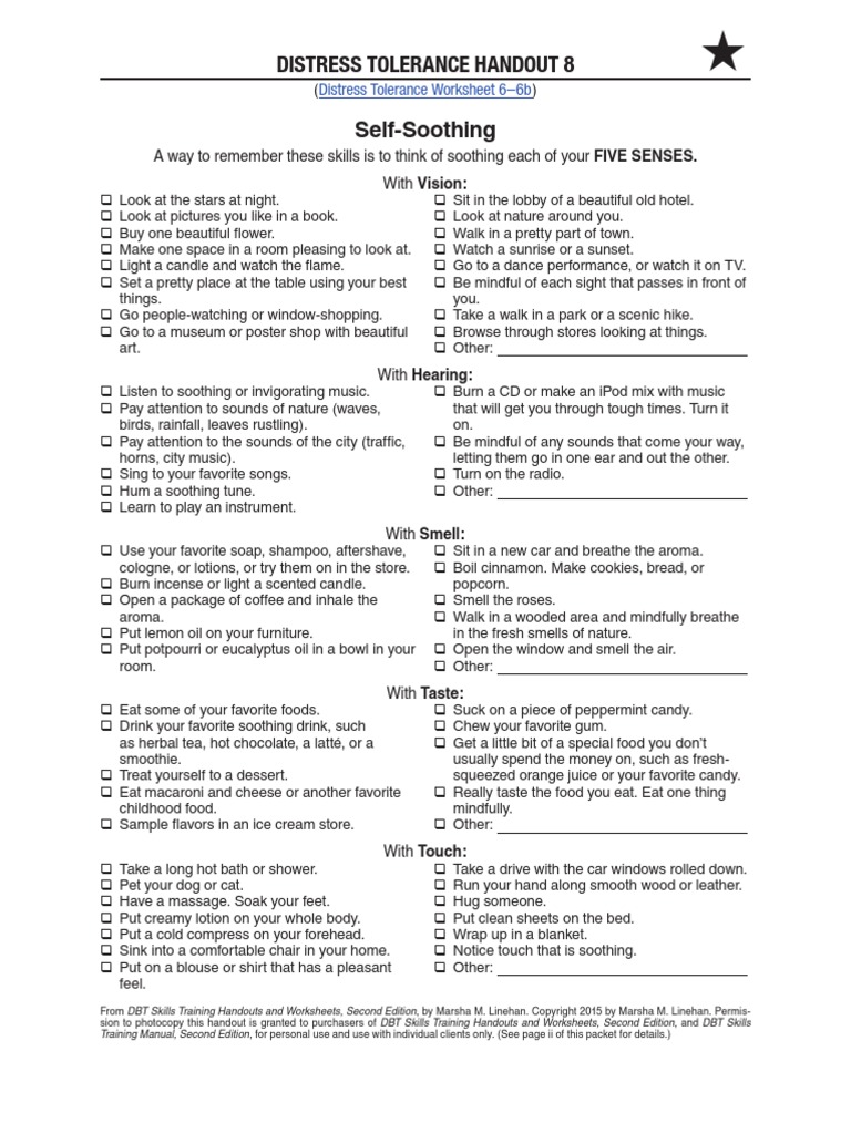 Distress Tolerance Handout 8 Self-Soothing | PDF | Dialectical Behavior ...