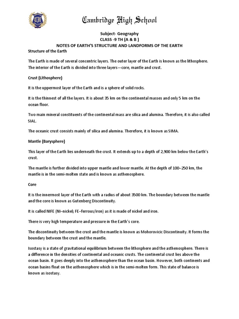 CLASS - 9 TH Earth's Structure and Landforms of The Earth | PDF ...