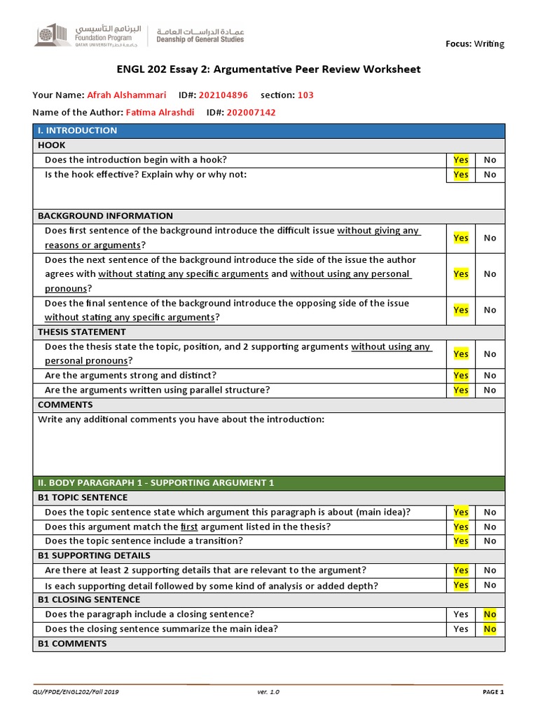 Argumentative Essay Peer Review Guide | PDF | Essays | Paragraph