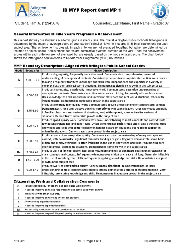 Sample Jefferson IB MYP Report Card With Comments | PDF | Teaching ...