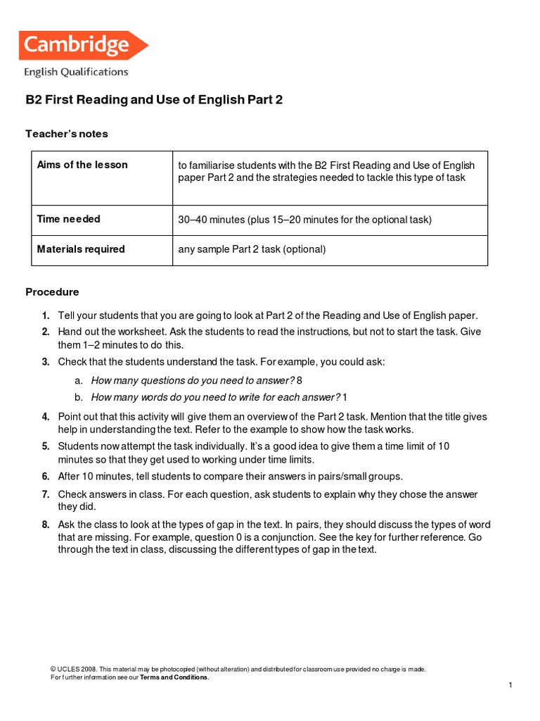Cambridge English b2 First Reading Part 2 | PDF | English Language | Verb