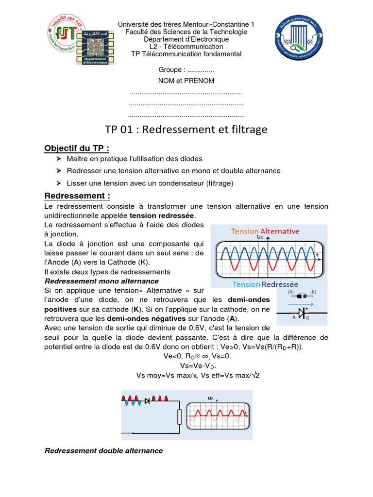 L2 Telecomunication - TP TF | PDF | Filtre (électronique) | Redresseur