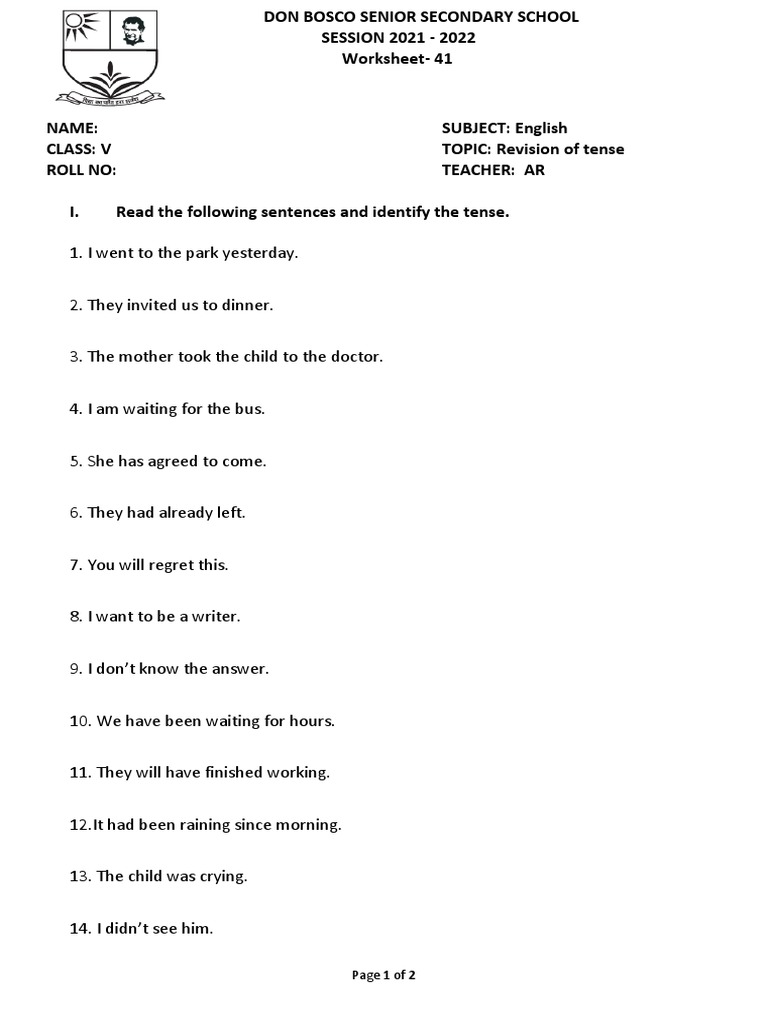 Revision of Tenses Worksheet-41 - Class 5 | PDF