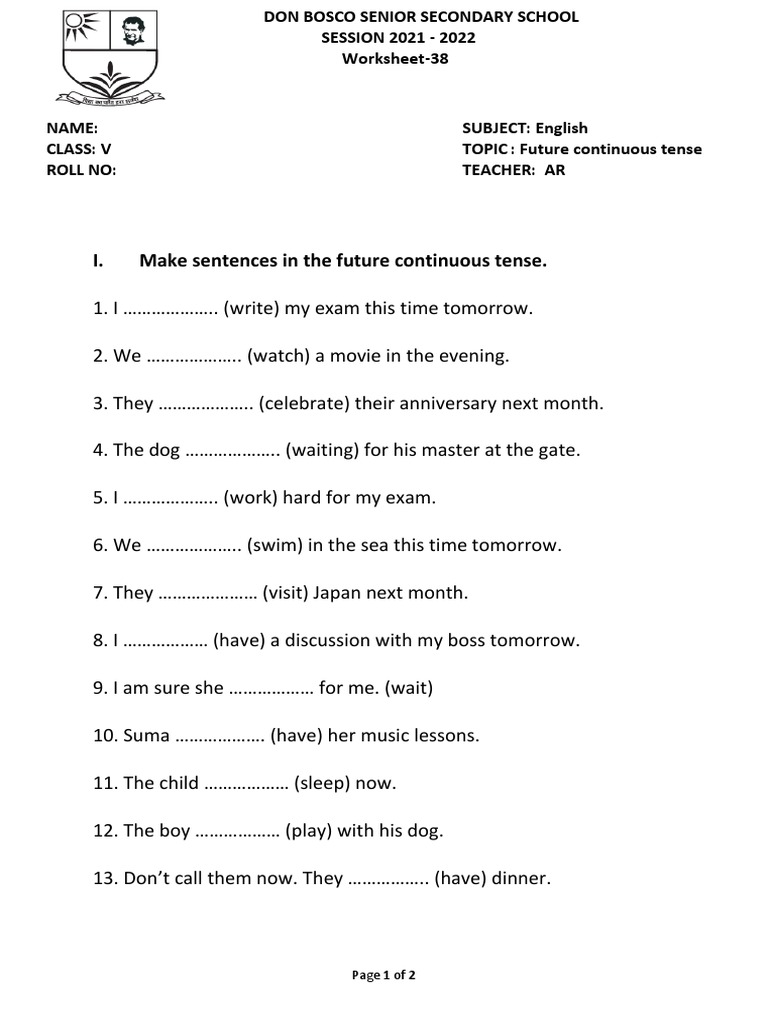 Future Continuous Tense Worksheet-38 - Class 5 | PDF
