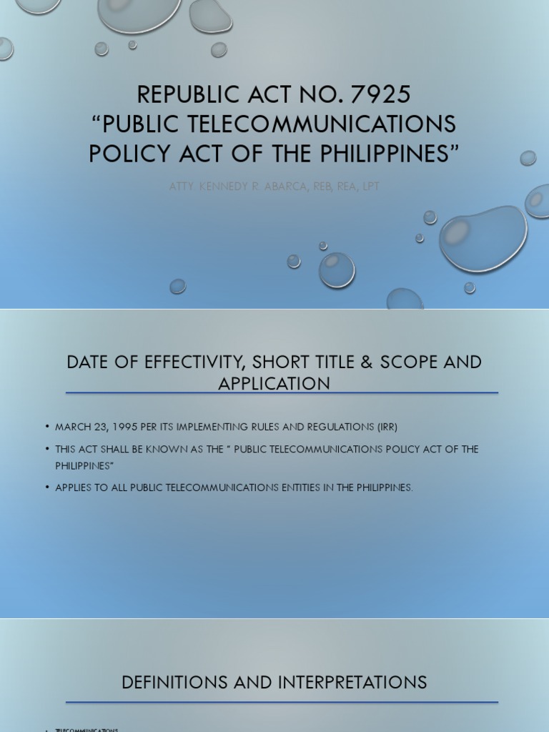 RA 7925 Atty. Kennedy R. Abarca | PDF | Telecommunications | Telephone ...