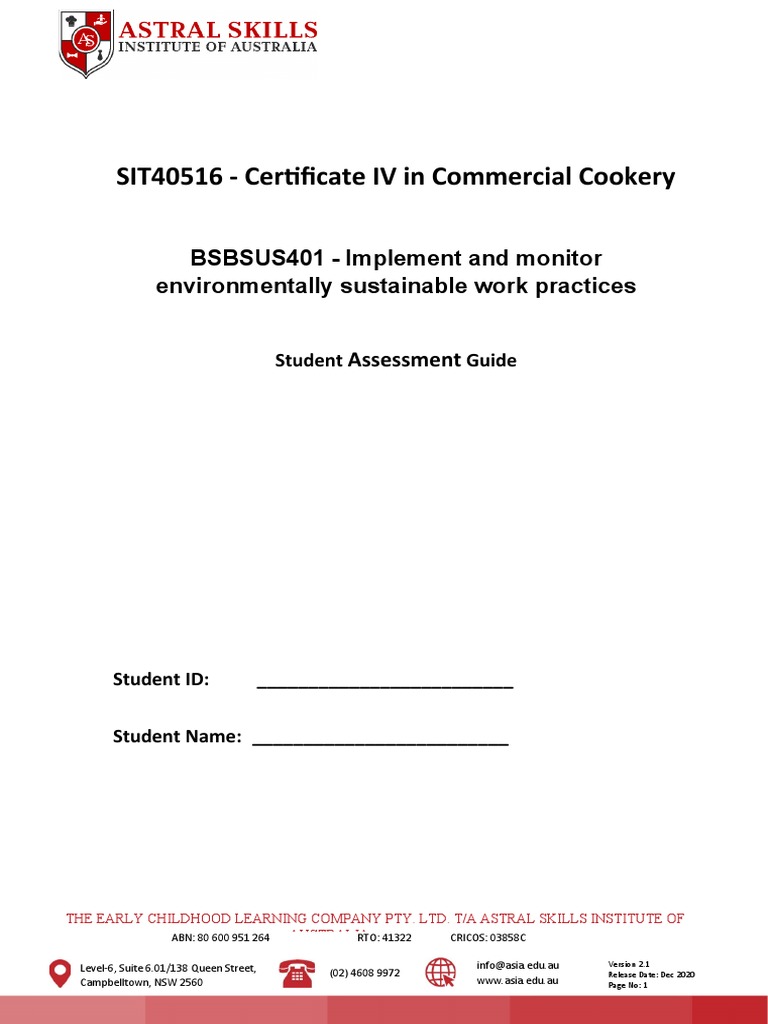 V2 - BSBSUS401 Student Assessment Guide 1 | PDF | Sustainability | Regulatory Compliance