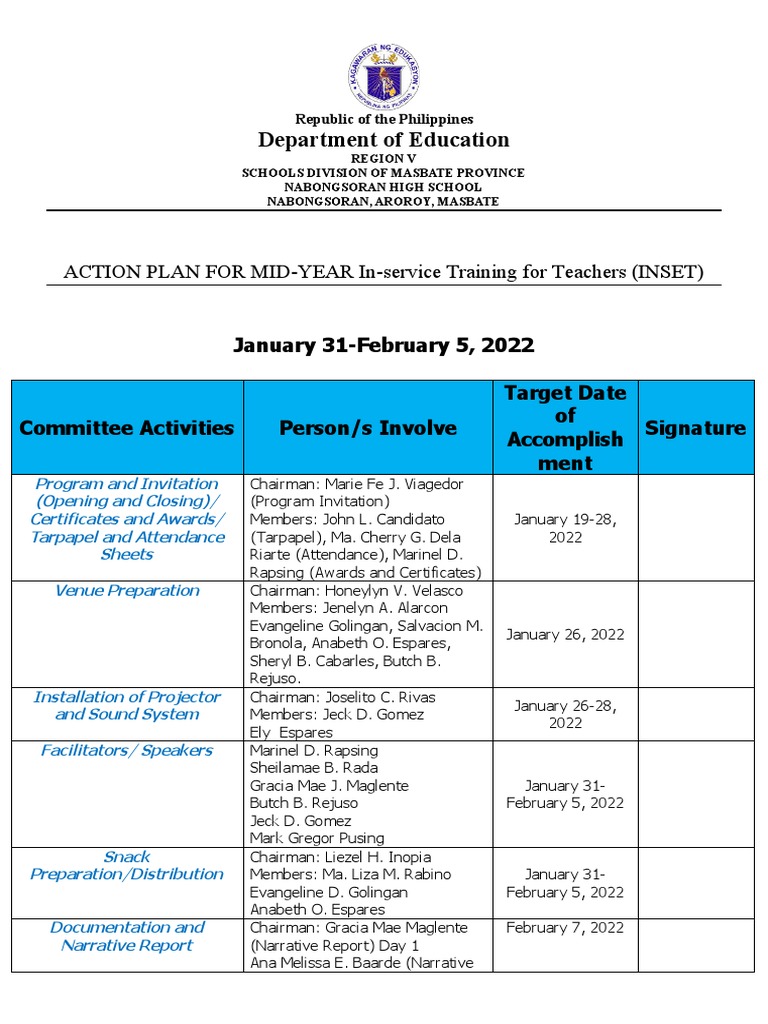 INSET 2022 Mid-Year Action Plan | PDF