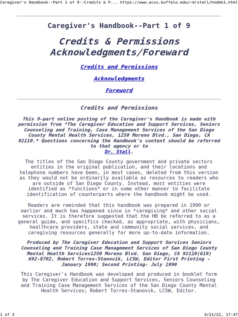 Caregiver's Handbook - Part 1 of 9 - Credits & Permissions ...