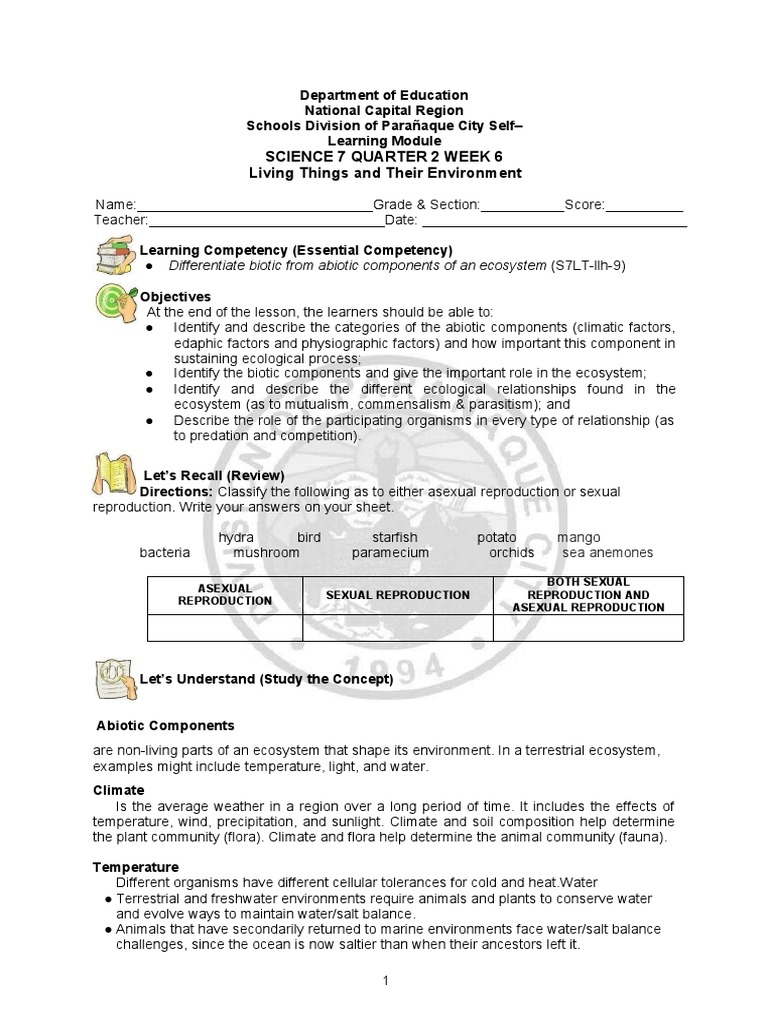 Science 7 Quarter 2 Week 6 Living Things and Their Environment | PDF ...