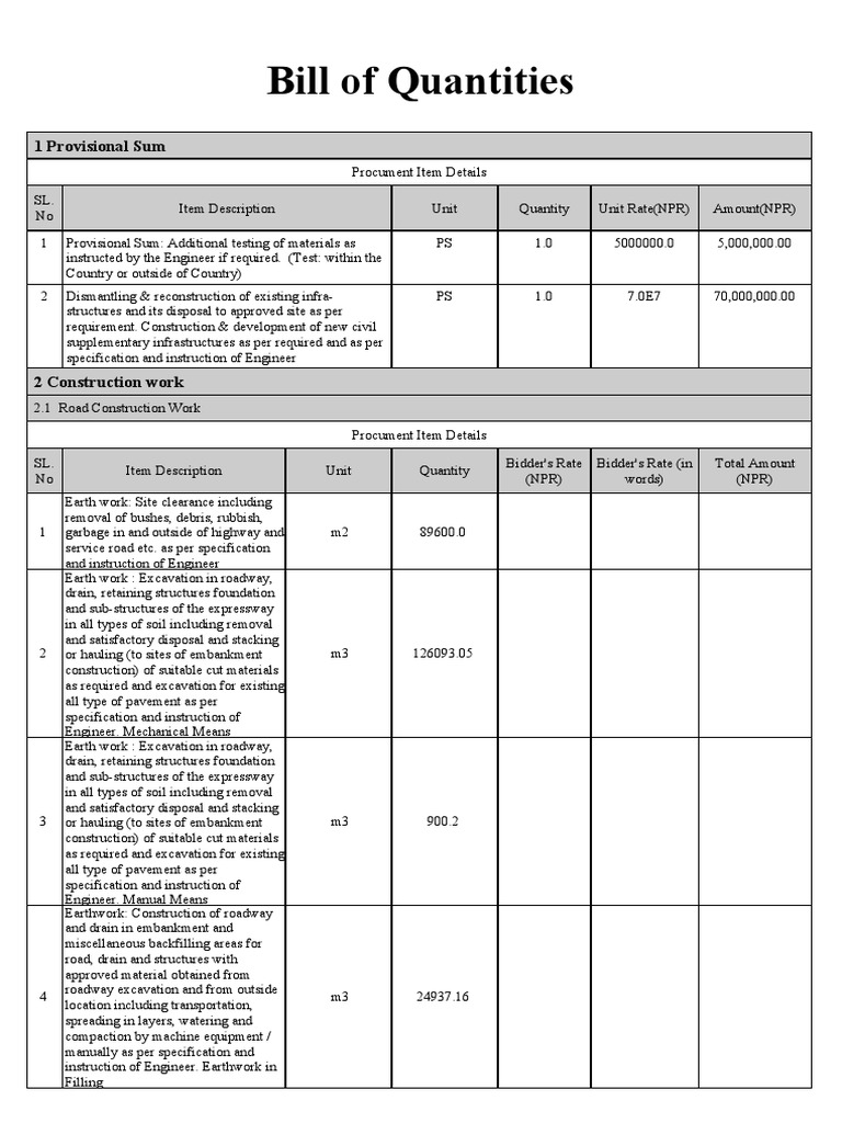 Bill of Quantities: 1 Provisional Sum | Download Free PDF | Drainage ...
