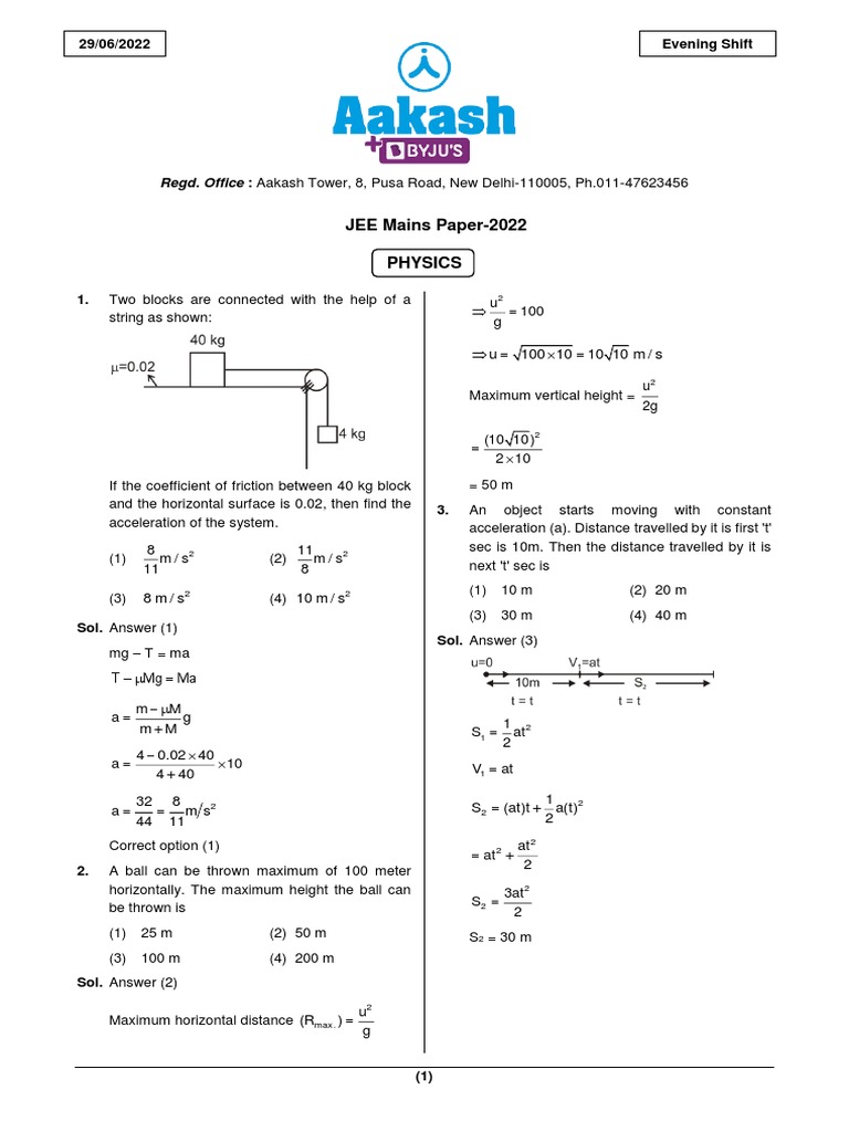 JEE Mains Physics Solutions | PDF | Electronvolt | Mechanics